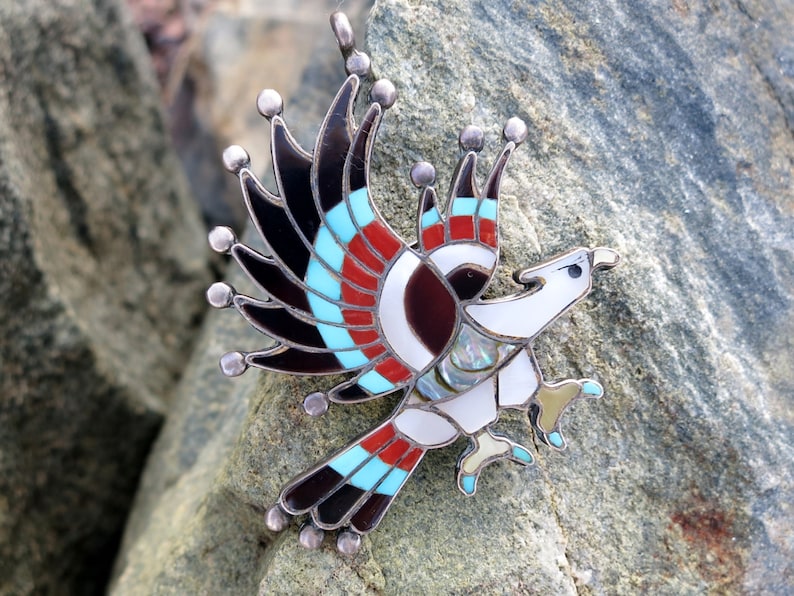 ZUNI TURQUOISE EAGLE Pendant, Coral & Jet Inlay, Signed, Stamped ...