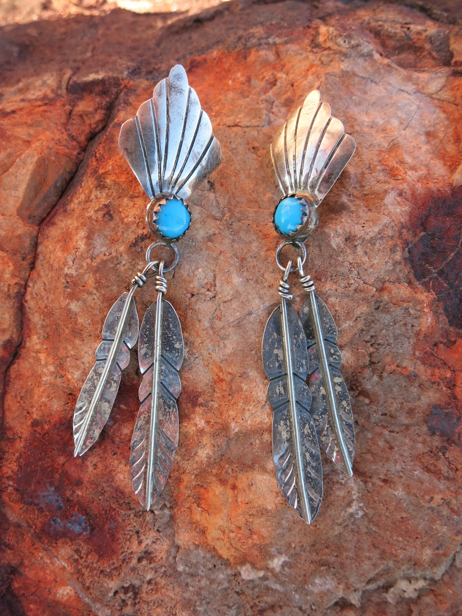 Vintage Navajo Dangles, Turquoise & Feathers, Sterling - Etsy