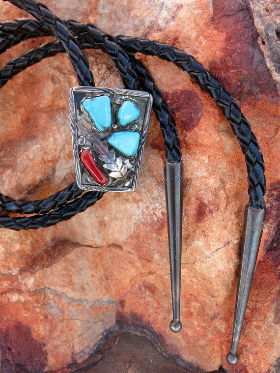 VINTAGE NAVAJO BOLO, Turquoise & Coral, Handmade, Ben… - Gem