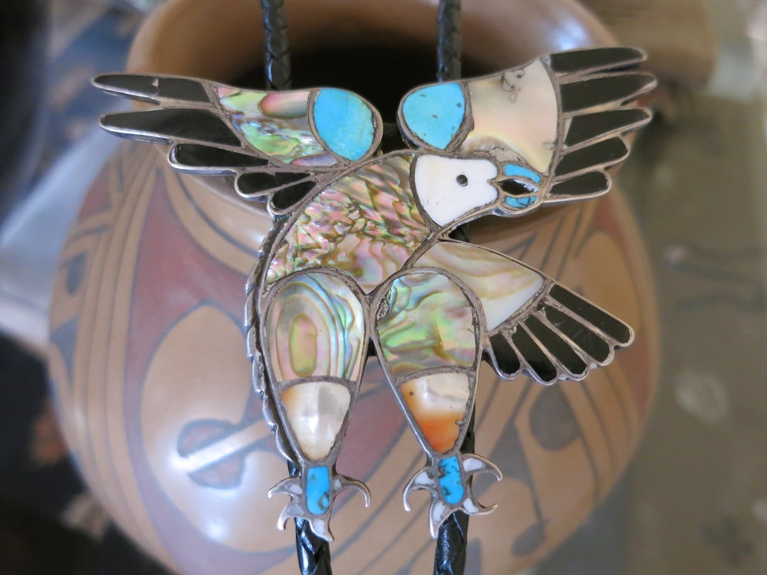 LARGE ZUNI EAGLE Bolo Tie, 3 1/2", Signed, Dangle Tips, Sterling, Circa ...