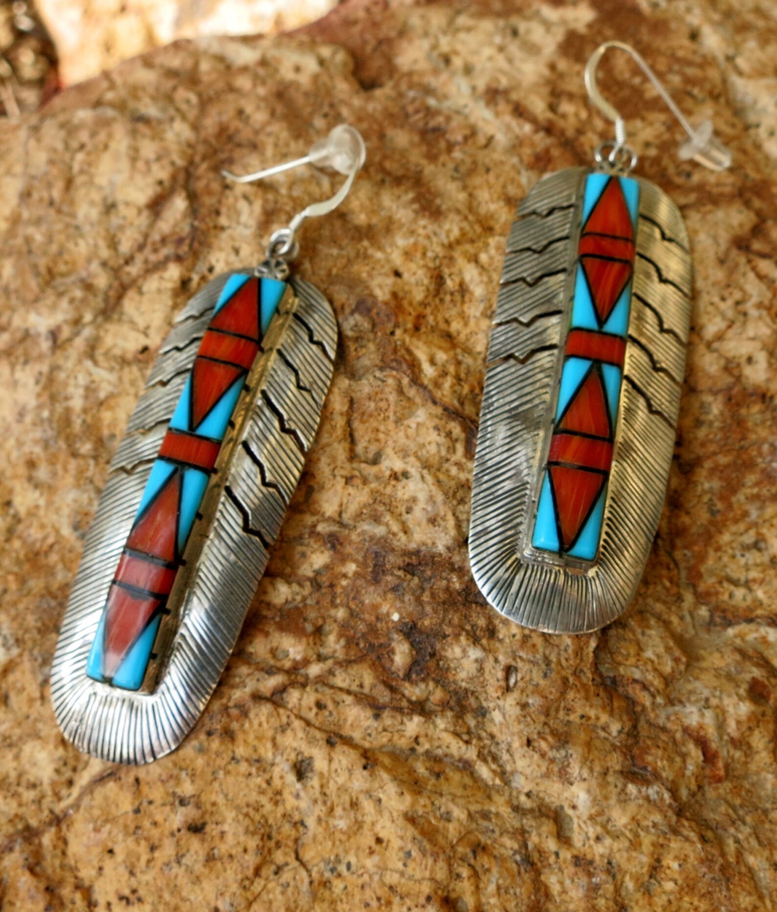 GORGEOUS ZUNI DANGLE Earrings Turquoise & Spiny Oyster Inlay - Etsy