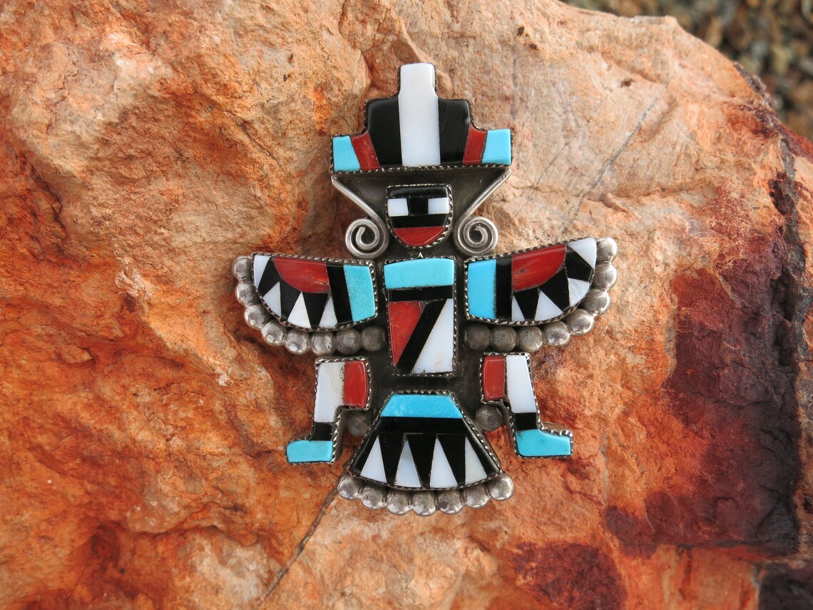 Vintage ZUNI KNIFEWING Pendant, Turquoise Inlay, Signed & Sterling - Etsy
