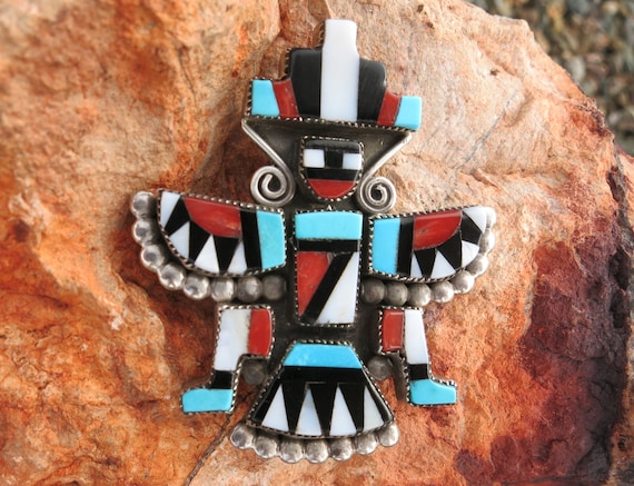 Vintage ZUNI KNIFEWING Pendant, Turquoise Inlay, Sign… - Gem