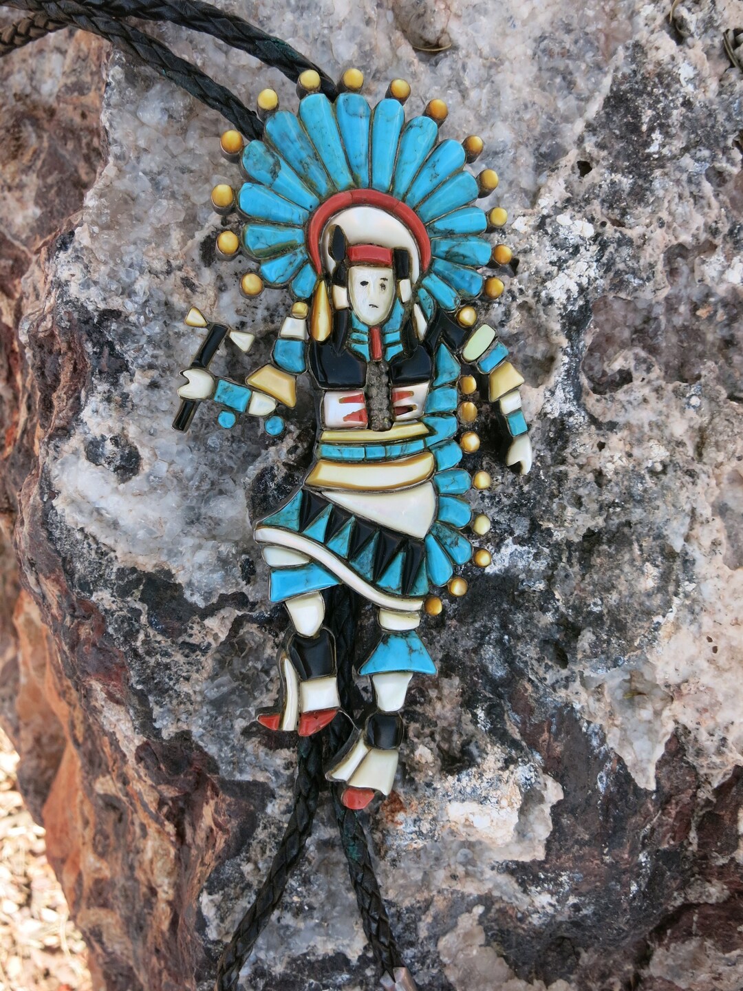 HUGE OLD CHIEF Bolo Tie, Zuni, 5 1/4 " Long, Turquoise & Coral, Circa ...