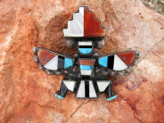 LARGE ZUNI KNIFEWING Brooch, Sterling Silver, Turquoi… - Gem
