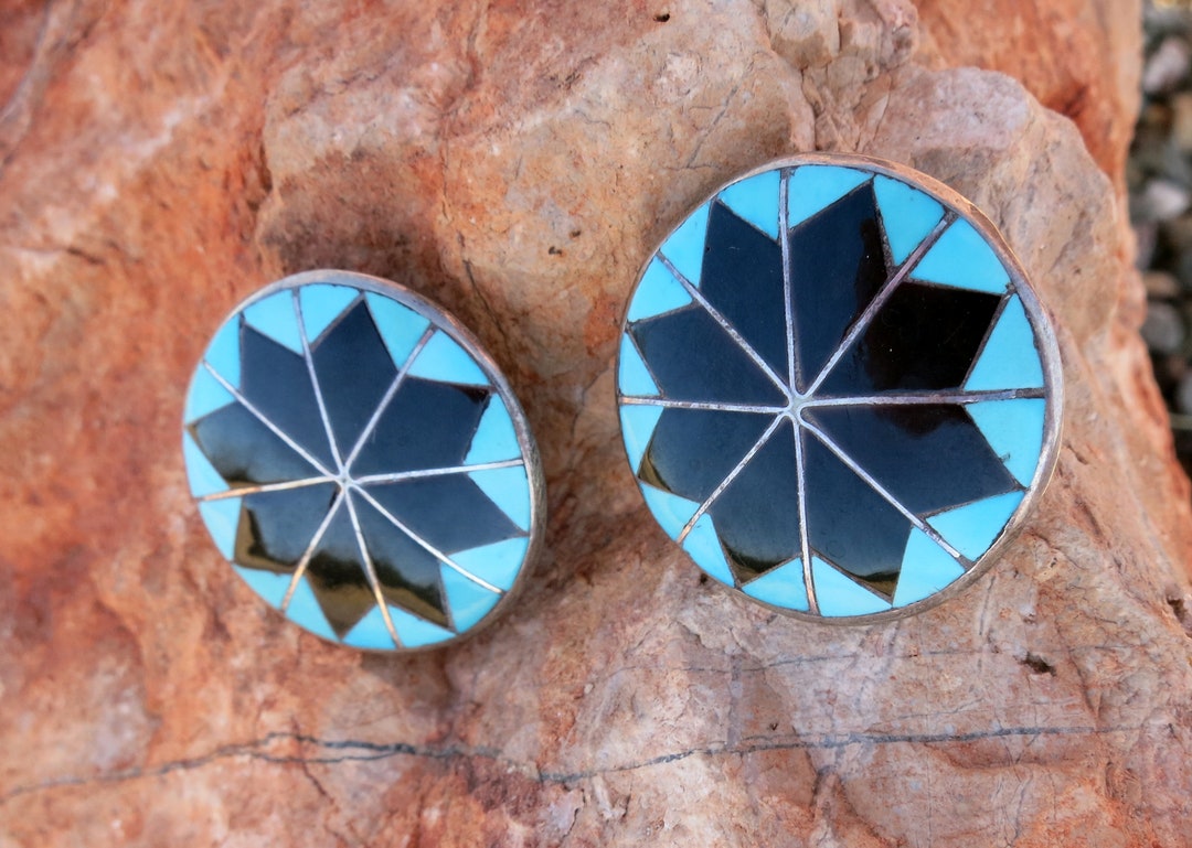 ZUNI TURQUOISE & ONYX Inlay Earrings, Signed, Sterling Silver - Etsy