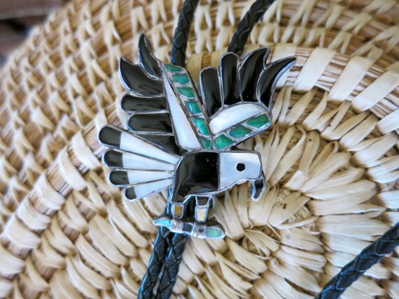 Vintage Zuni Eagle & Dangle Tips Bolo Tie . Turquoise… - Gem