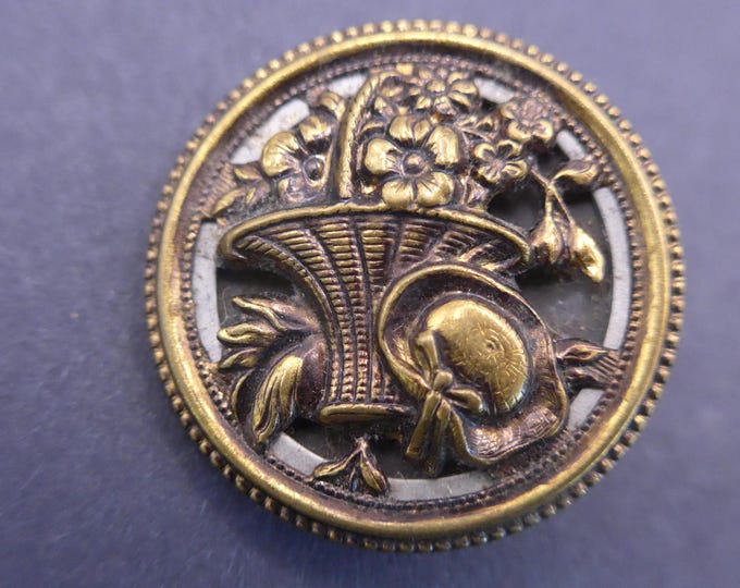 Antique Victorian Flower Basket Button - Brass Metal Mirror Picture ...