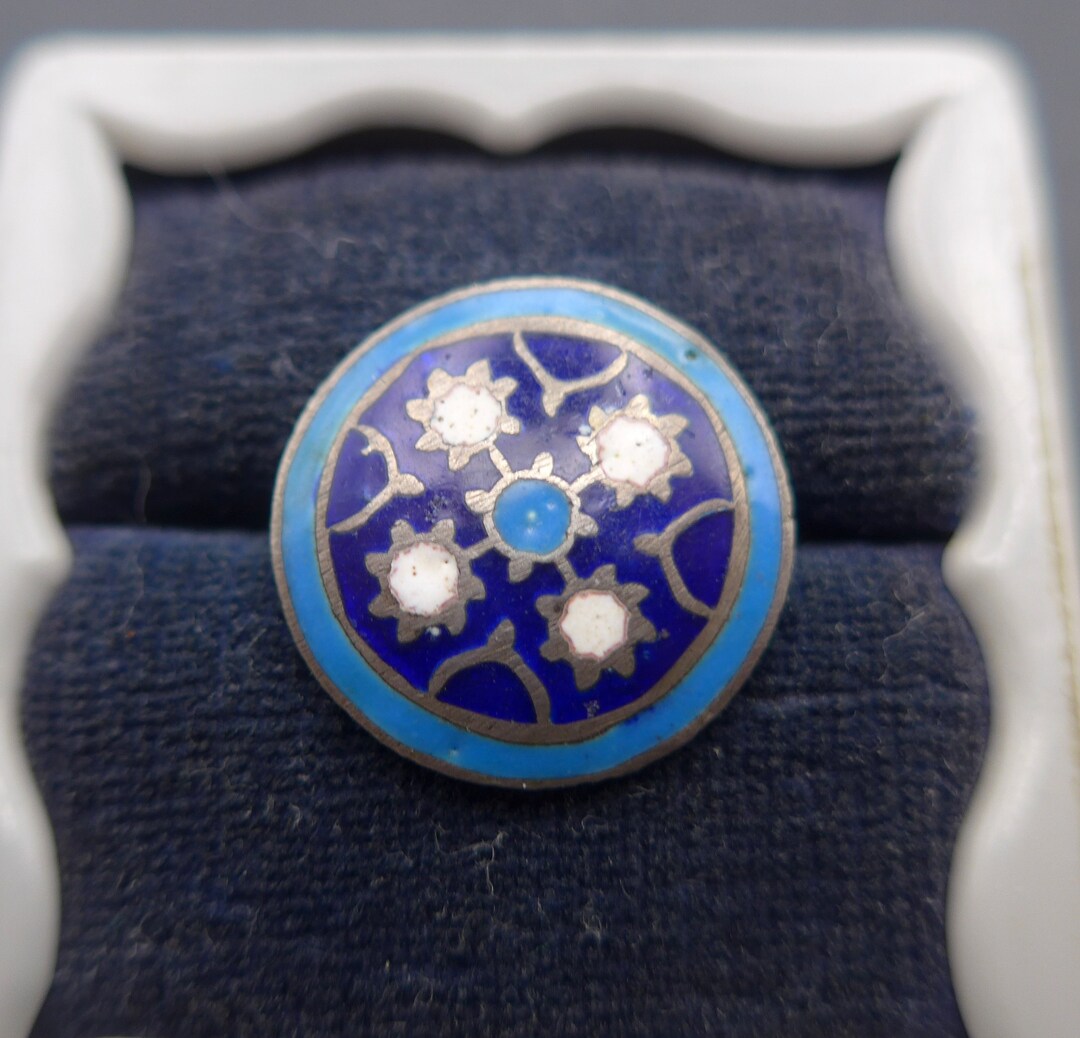 Vintage Multan Blue Champleve Flower Enamel Button - Ornate Blue Silver ...