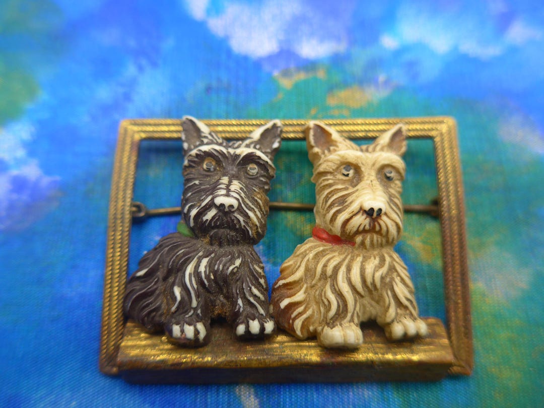 Vintage Plastic Scotty Dog Brooch Pin - Two Scottie Dogs Lucite Brooch ...
