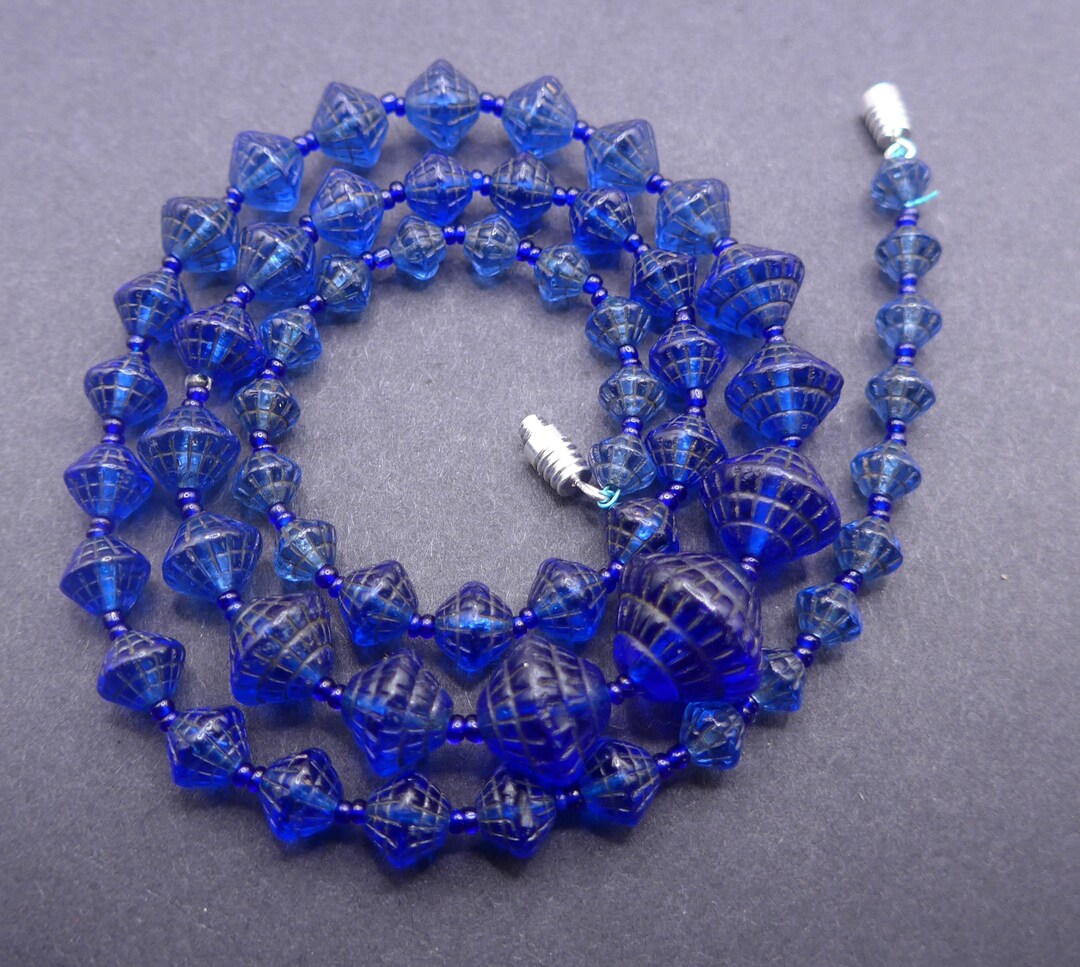 Vintage Czech Neiger Blue Glass Bead Necklace Bristol Blue Moulded ...
