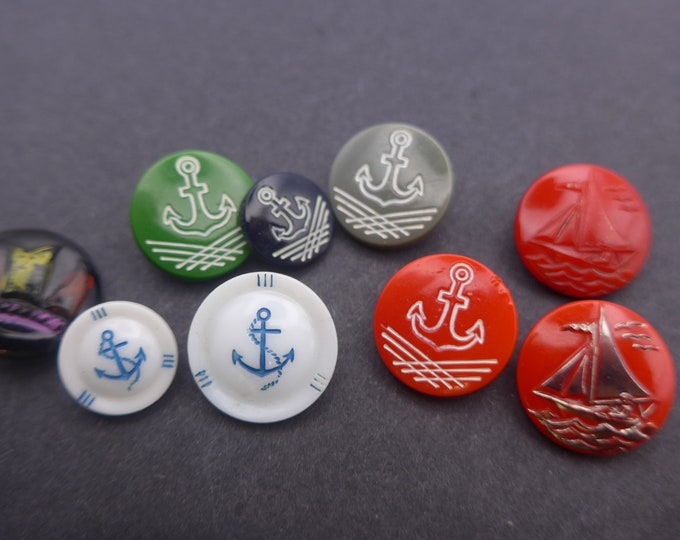 9 Vintage Glass Sailing Boat Anchor Buttons Green Red White Nautical ...
