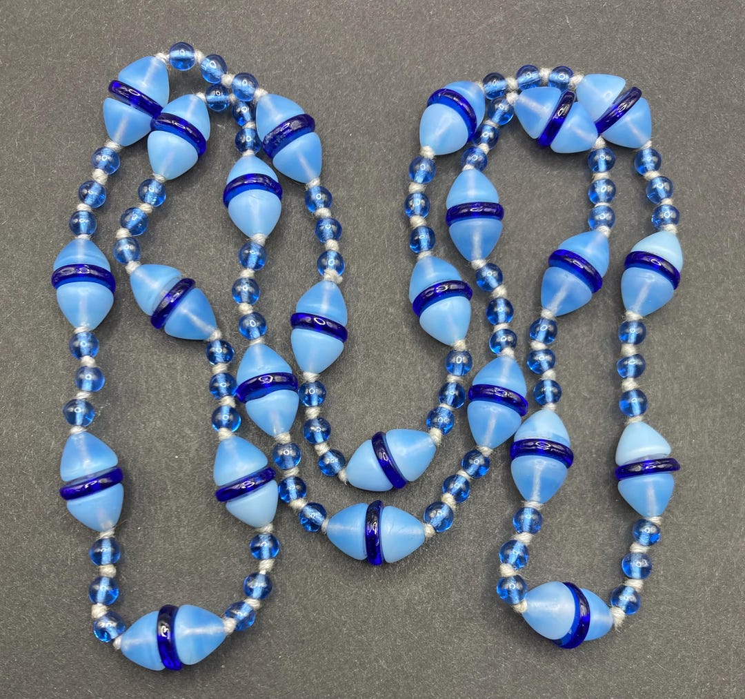 Vintage Blue Opaline Bicone Glass Bead Knotted Necklace - Art Deco ...