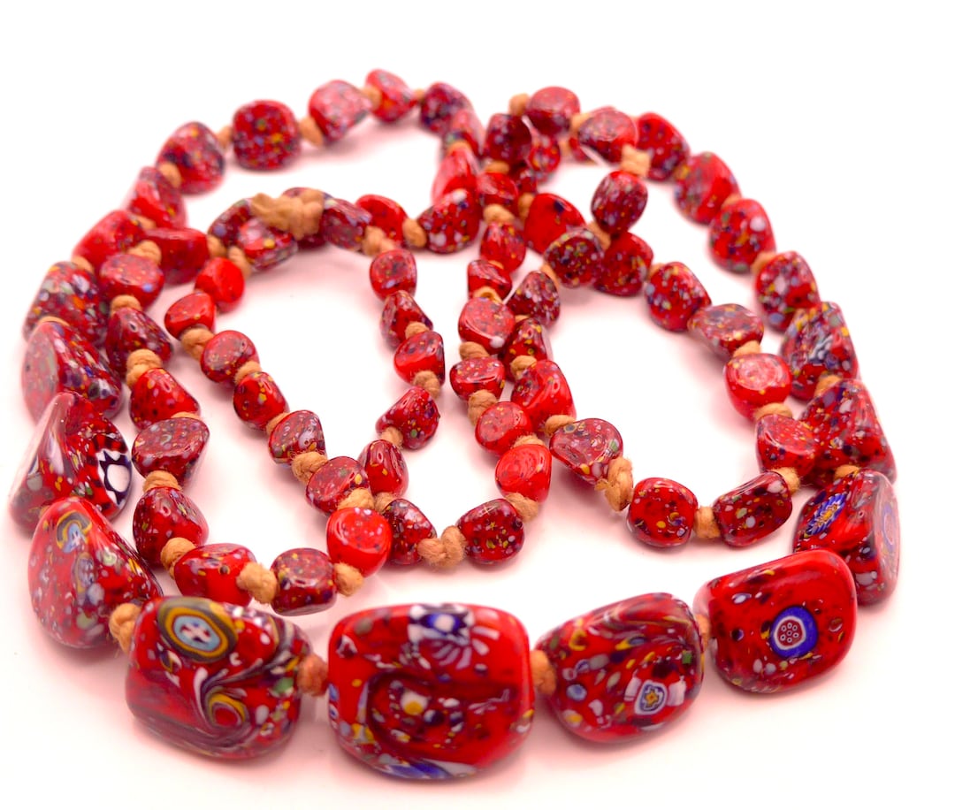 Vintage Red Millefiori Rainbow Swirl End of Day Triangular Glass Bead ...
