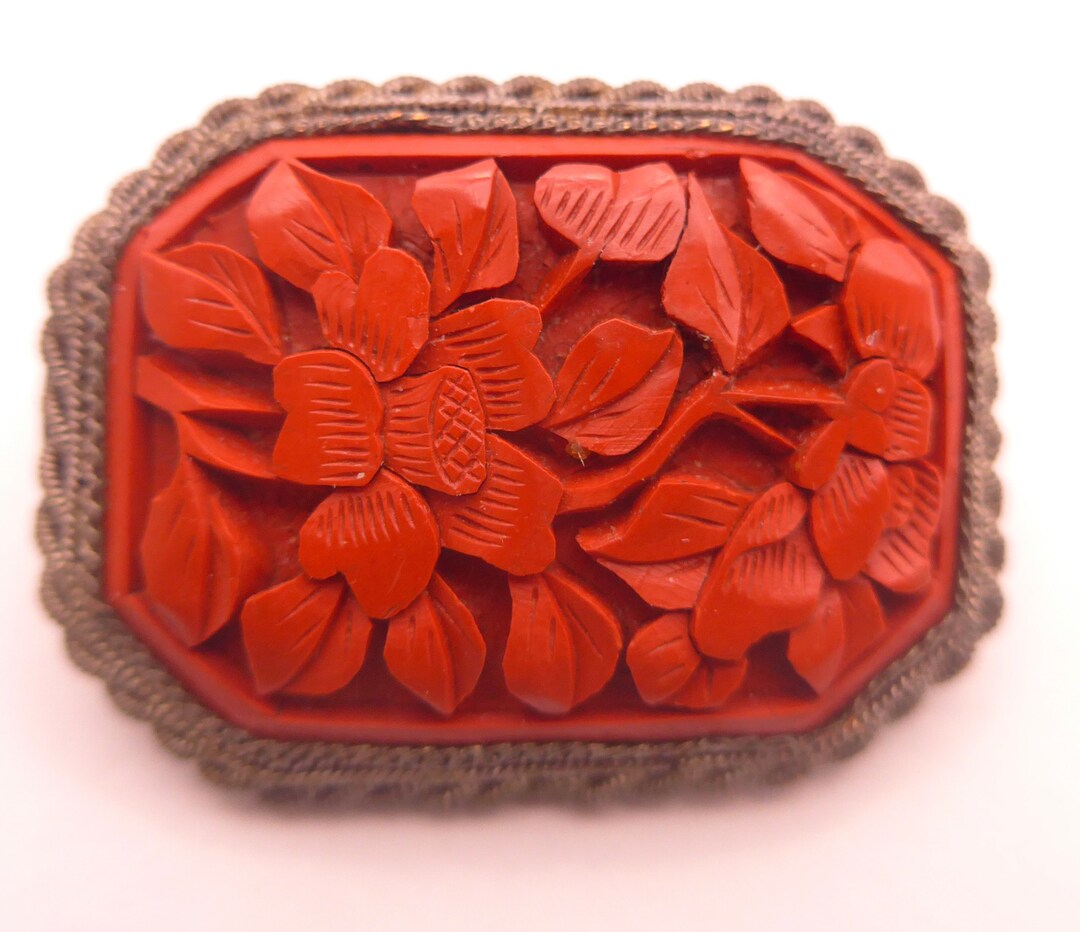 Vintage Chinese Cinnabar Flower Leaf Brooch - Filigree Metal Brooch - Etsy