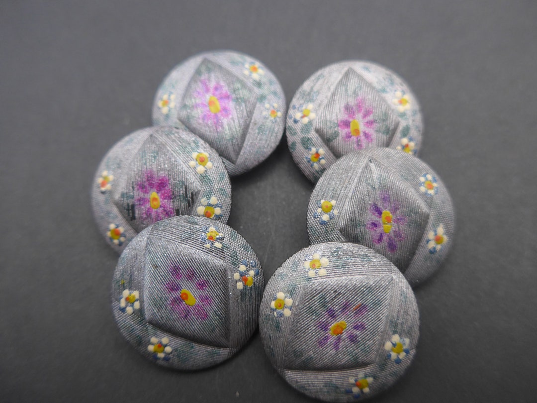 Set Vintage Edwardian Black Silver Glass Buttons x 6 Painted Flower ...