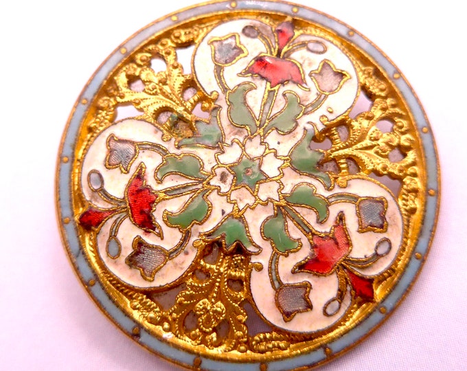 Antique Victorian Trefoil Enamel Button Hand Painted Flower Champleve ...