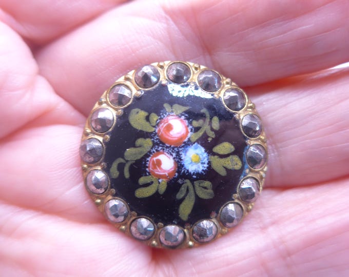 Antique Victorian Enamel Cut Steel Button - Hand Painted Flower Button ...