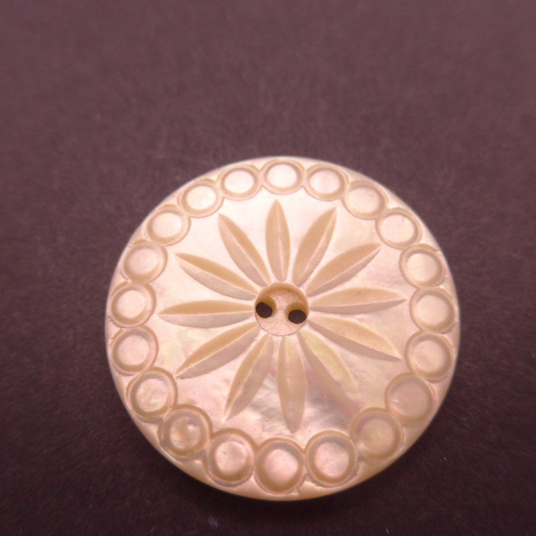 Vintage Carved Mother of Pearl Button Round White Shell - Etsy