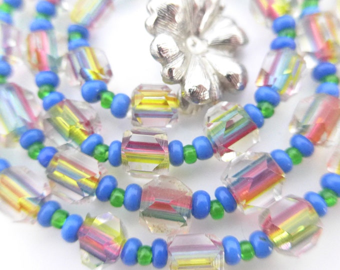 Vintage Rainbow Iris Glass Bead Necklace - Art Deco Faceted Rainbow ...
