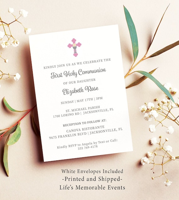 Minimal Classic First Holy Communion Invitations, Pink Cross Holy ...