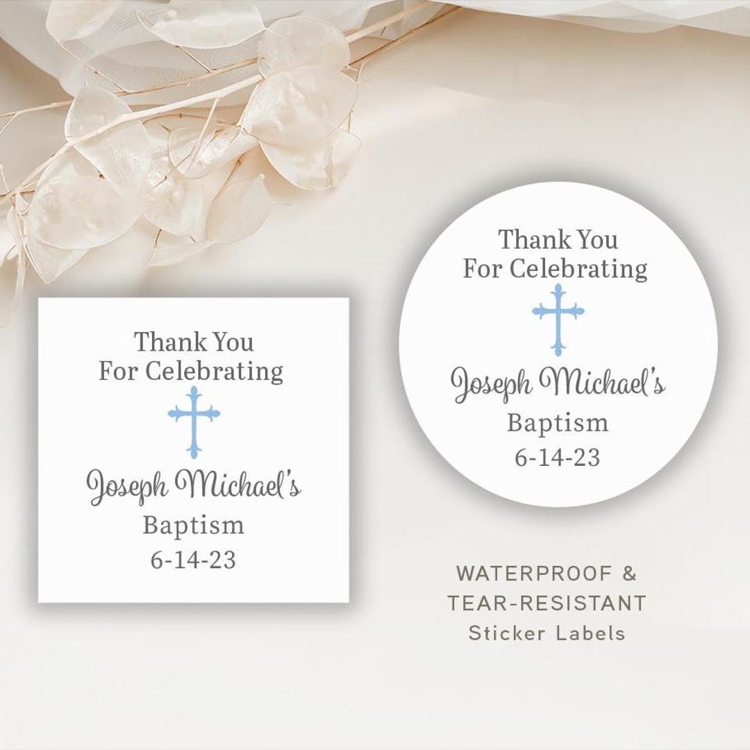 Baby Boy Baptism Labels, Blue Religious Cross Sticker Labels ...