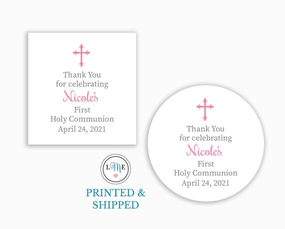 Girls First Holy Communion Labels, Gray and Pink Communion Sticker ...
