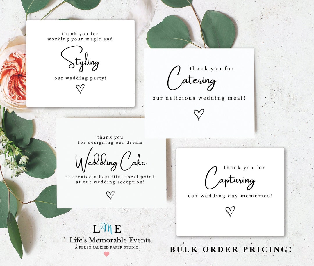 Wedding Vendor Thank You Cards, Vendor Tipping Cards, Photographer ...