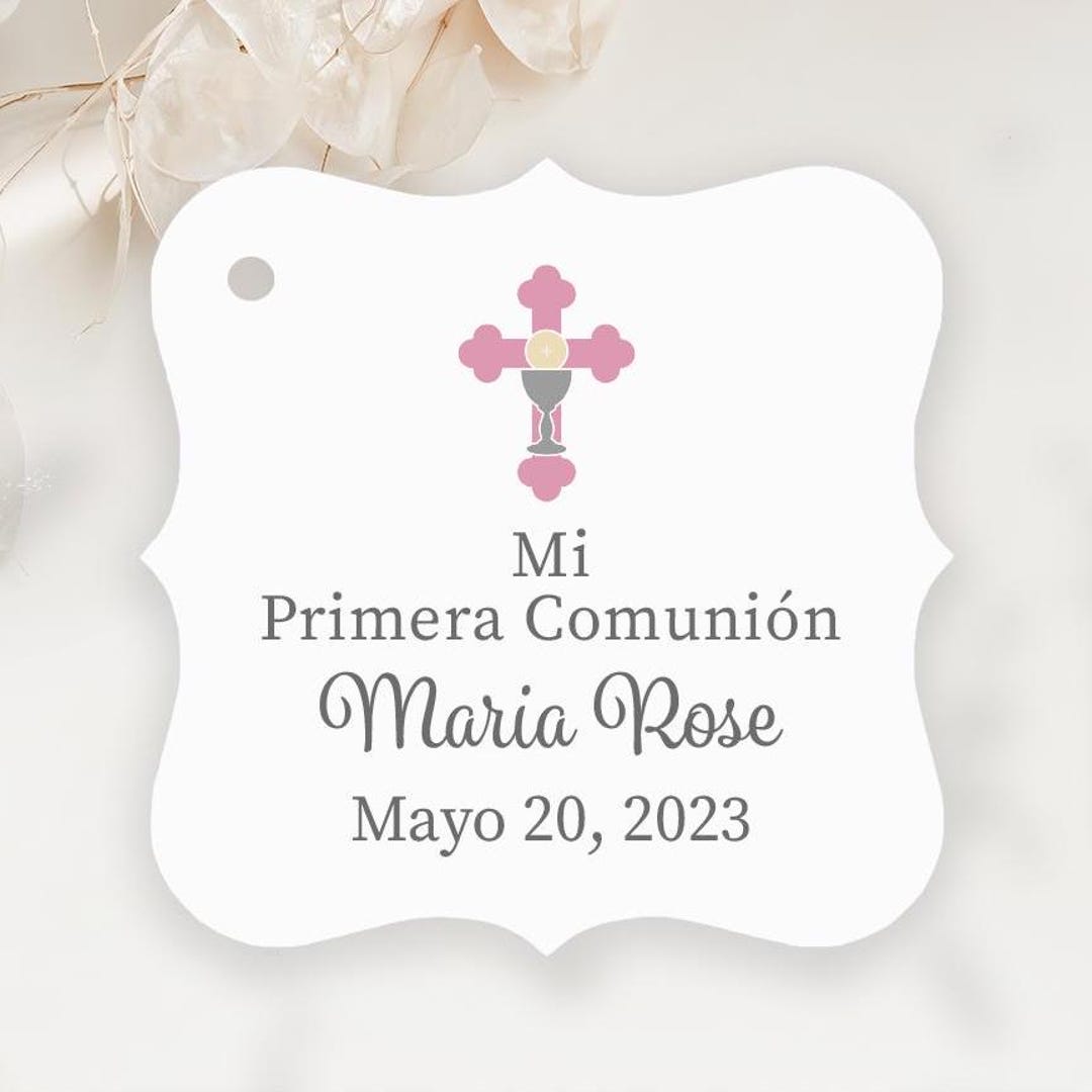SPANISH Communion Favor Tags, Mi Primera Comunion, PINK Religious Cross ...