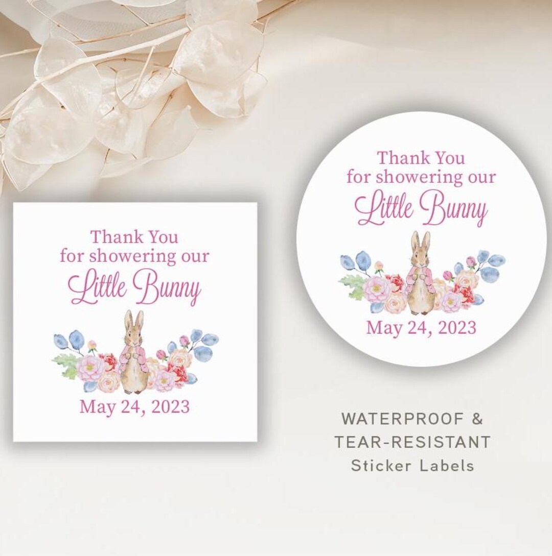 Flopsy Bunny Baby Shower Sticker Labels, Floral Pink Baby Bunny Favor ...