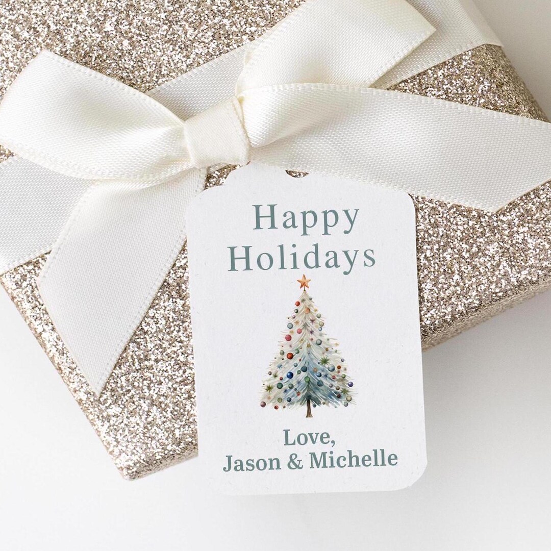 Happy Holidays Gift Tags, Watercolor Christmas Tree Tags, Gold and Blue ...