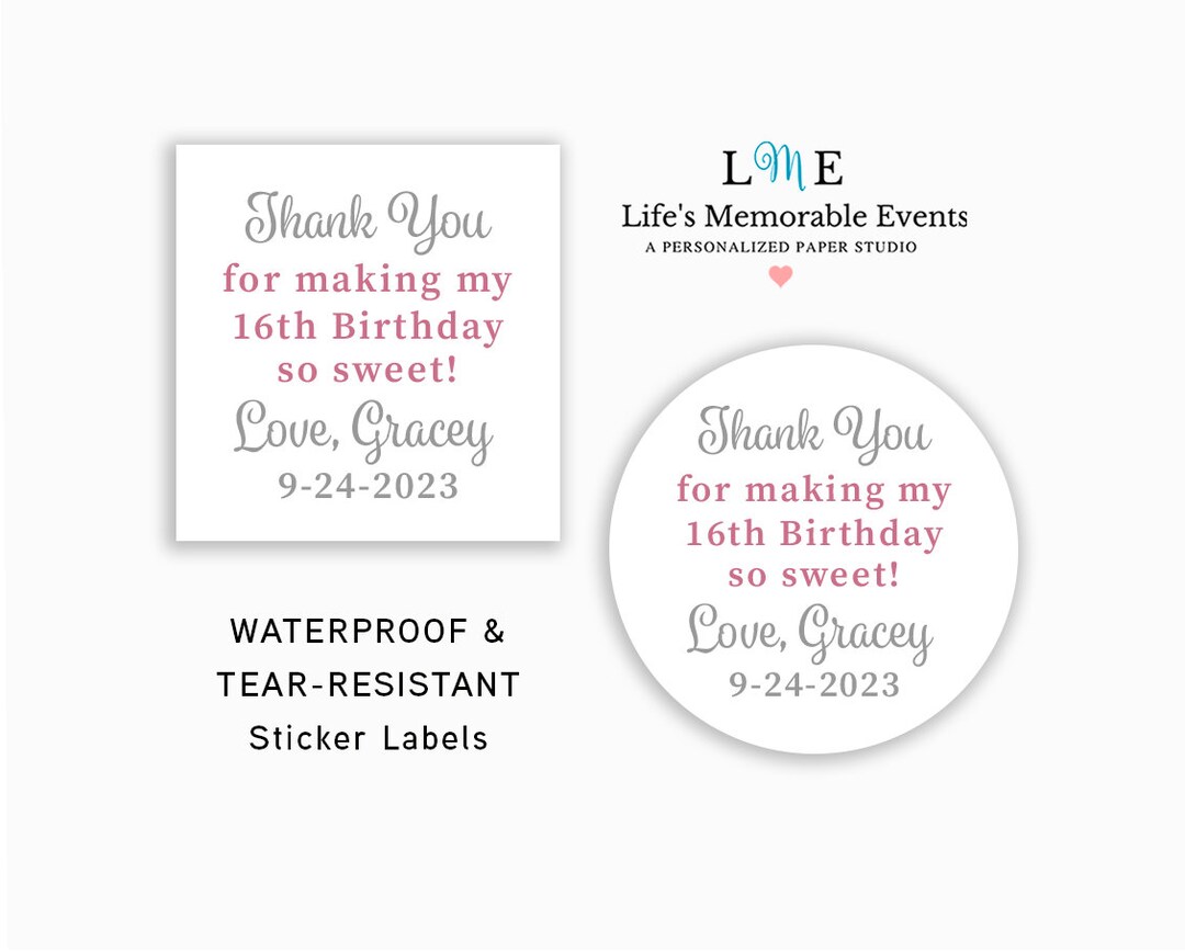 Sweet 16 Sticker Labels, Pink and Silver Gray 16th Birthday Candy Bag ...