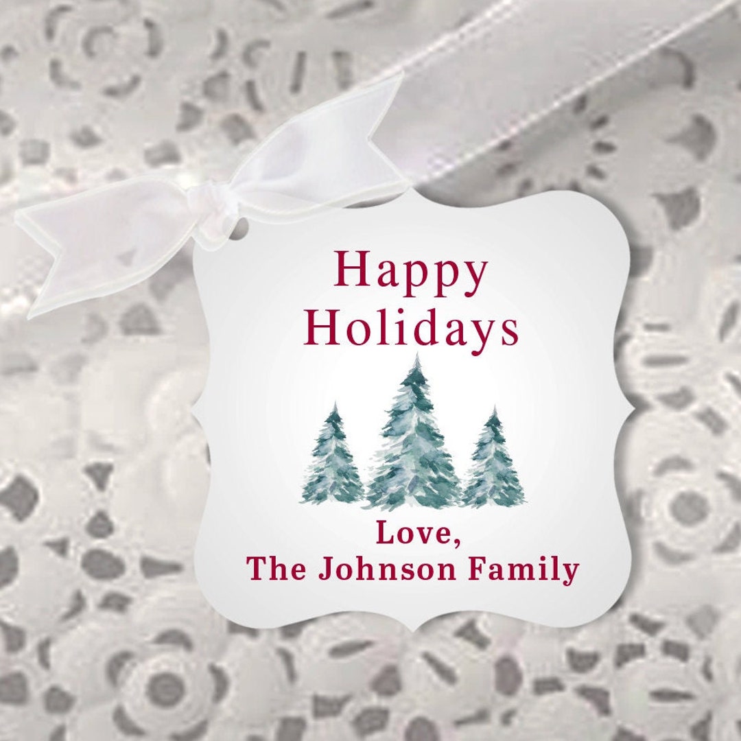 Personalized Happy Holidays Gift Tags, Modern Holiday Watercolor Pine ...
