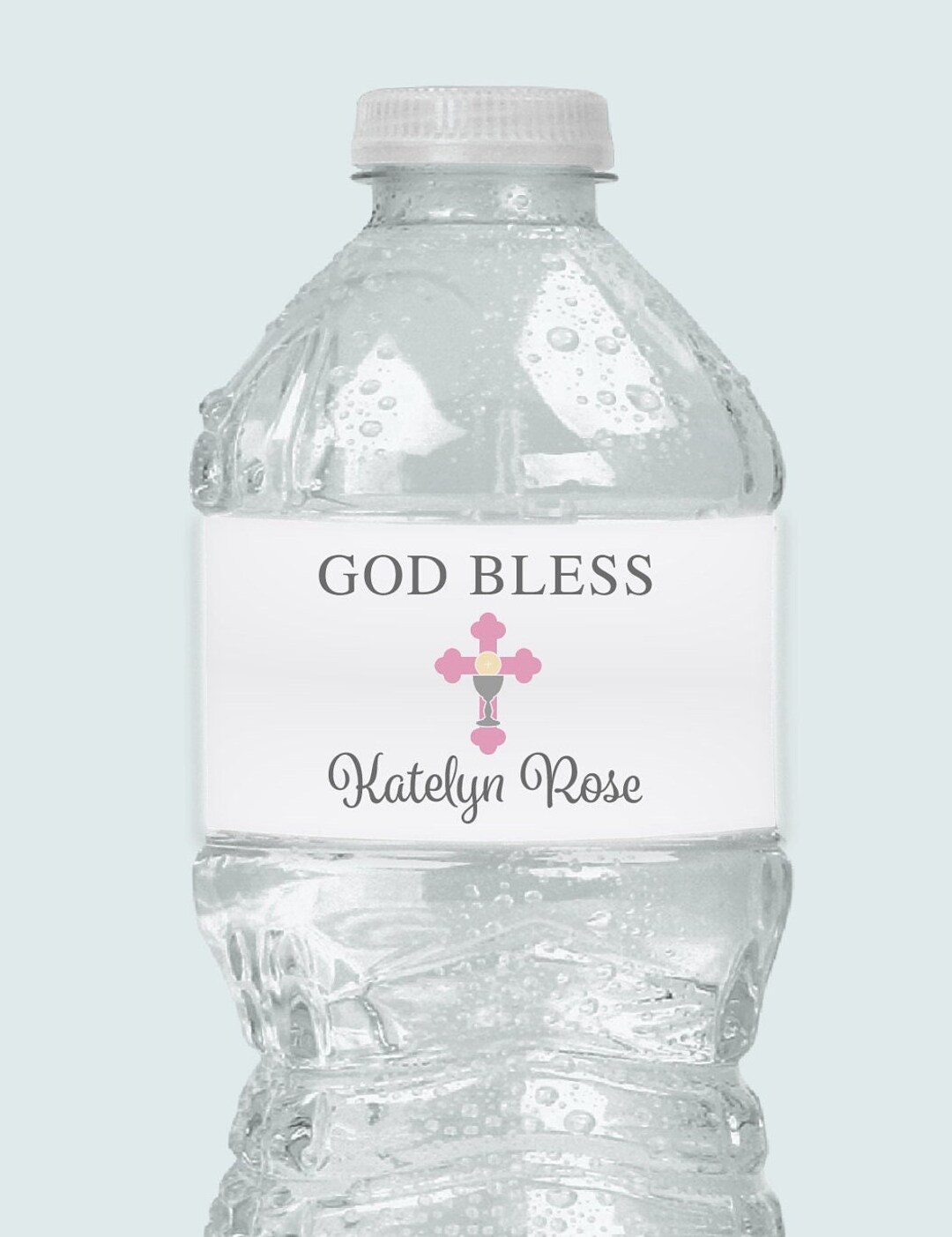 First Holy Communion Party Water Bottle Labels Pink Cross Personalized ...