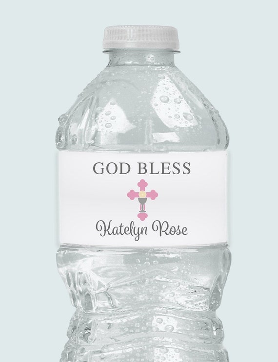 First Holy Communion Water Bottle Labels, Pink Cross Girls First ...