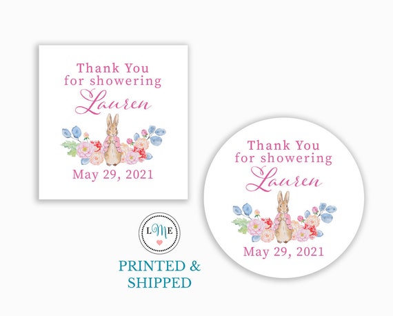 Flopsy Bunny Baby Shower Sticker Labels, Floral Pink Baby Bunny Favor ...
