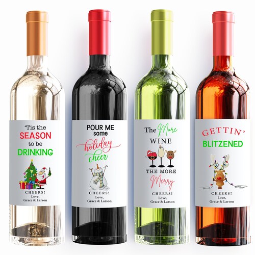 Set of FOUR Christmas Wine Labels Personalized Holiday Wine - Etsy