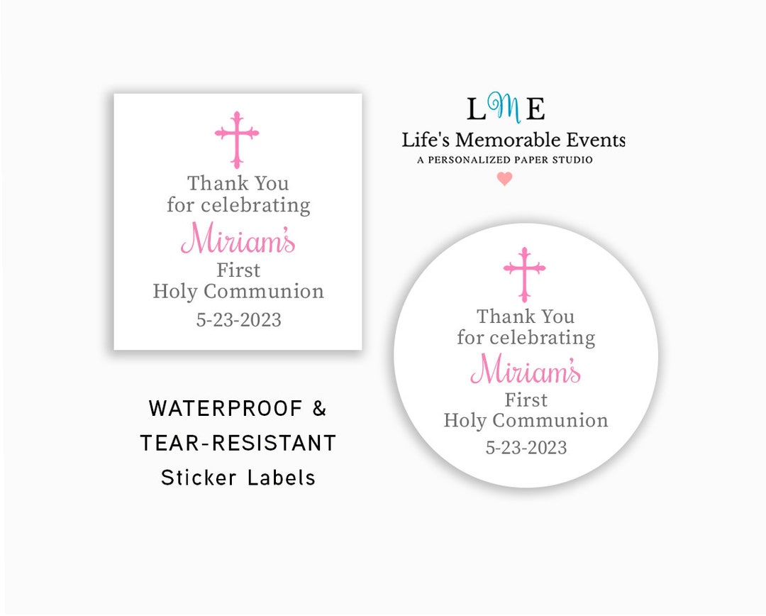 Girls First Holy Communion Labels, Gray and Pink Communion Sticker ...