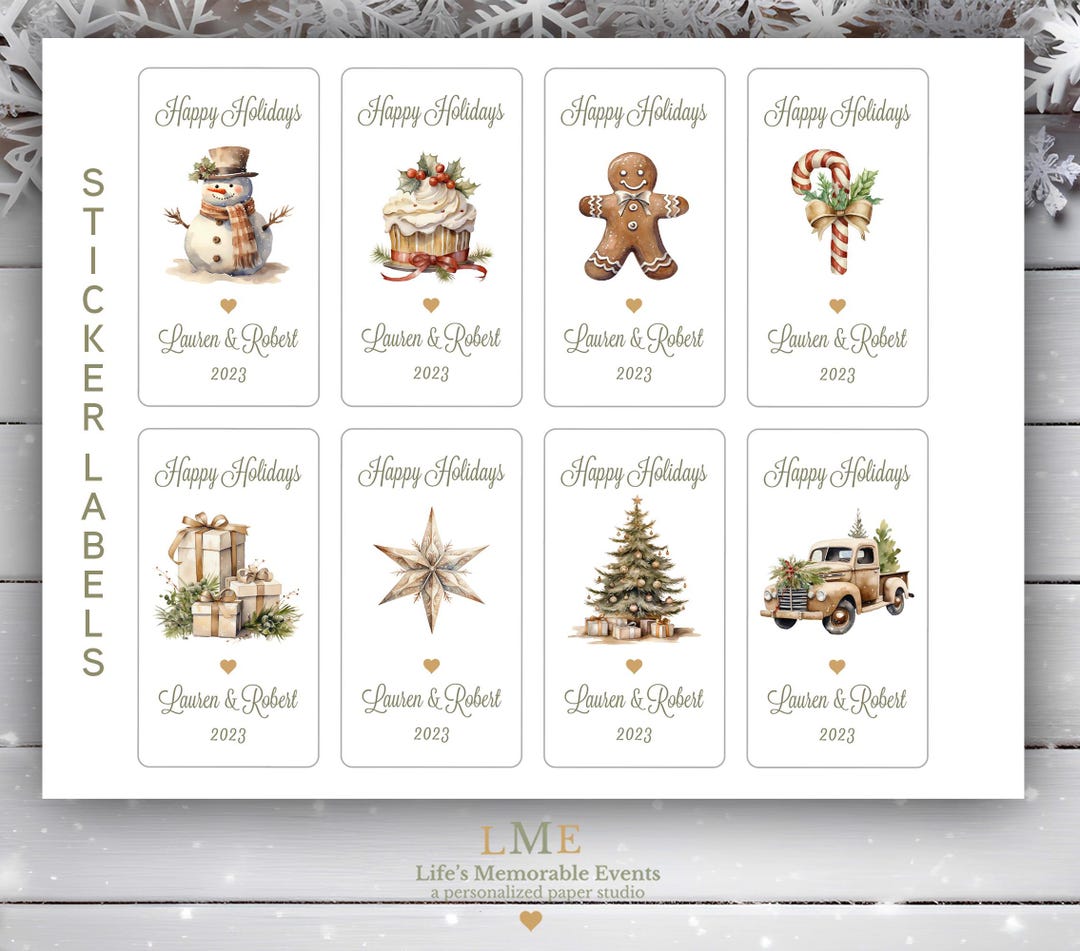 8 Neutral Holiday Stickers, Happy Holidays Labels, Rustic Holiday ...