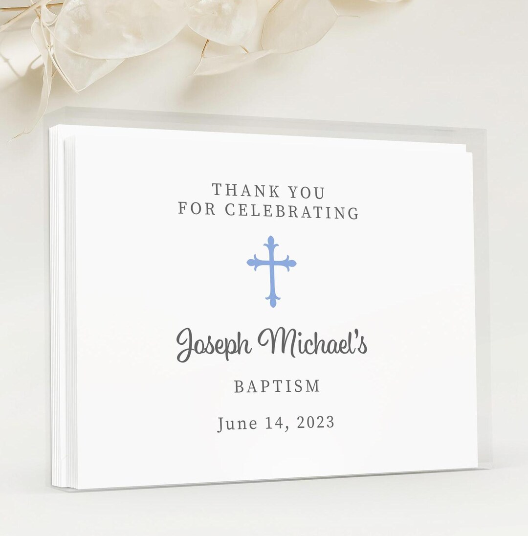Baptism Thank You Cards, Blue Christian Cross, Sacrament of Baptism ...