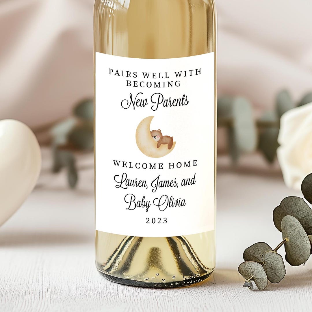 New Parents Wine Bottle Label, Welcome Home Baby New Mom and Dad Wine ...