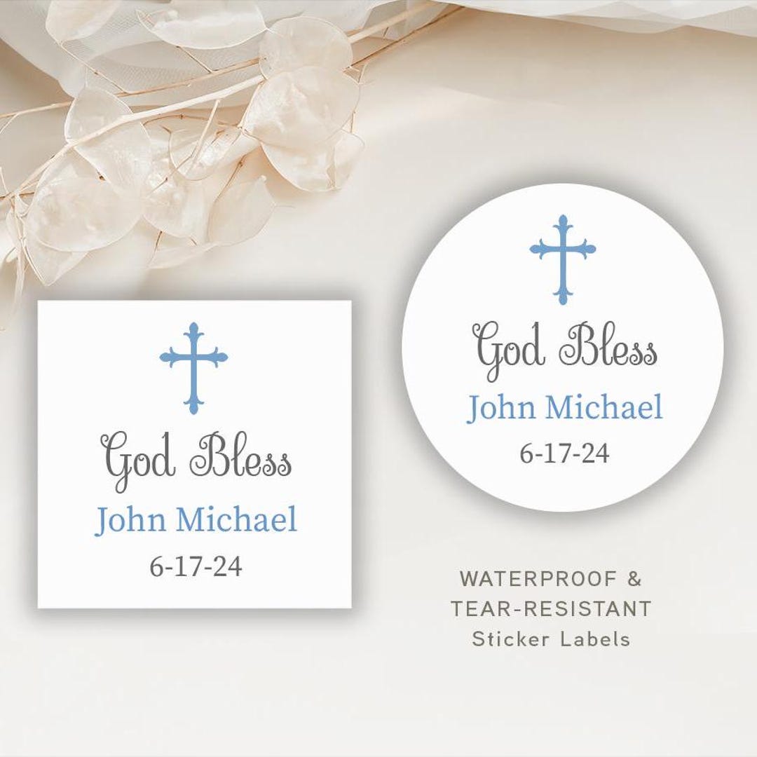 God Bless Sticker Labels, Blue Religious Cross Favor Stickers ...