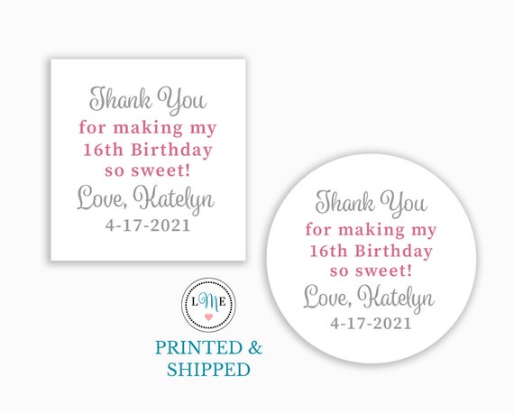Sweet 16 Sticker Labels, Pink and Gray 16th Birthday, Candy Bag ...