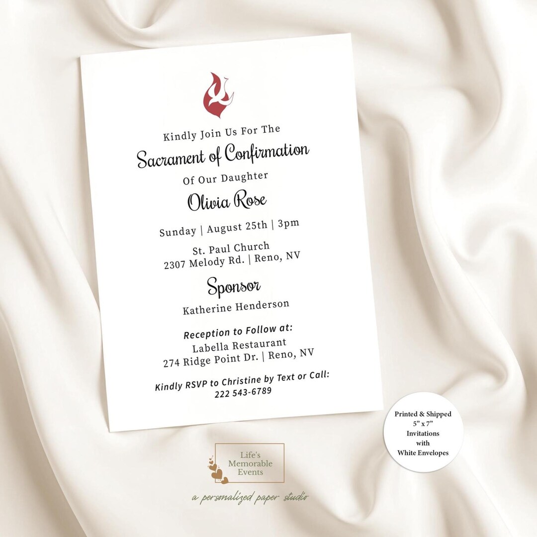 Sacrament of Confirmation Invitations, Minimalist Confirmation Invite, Red Flame & Dove ...
