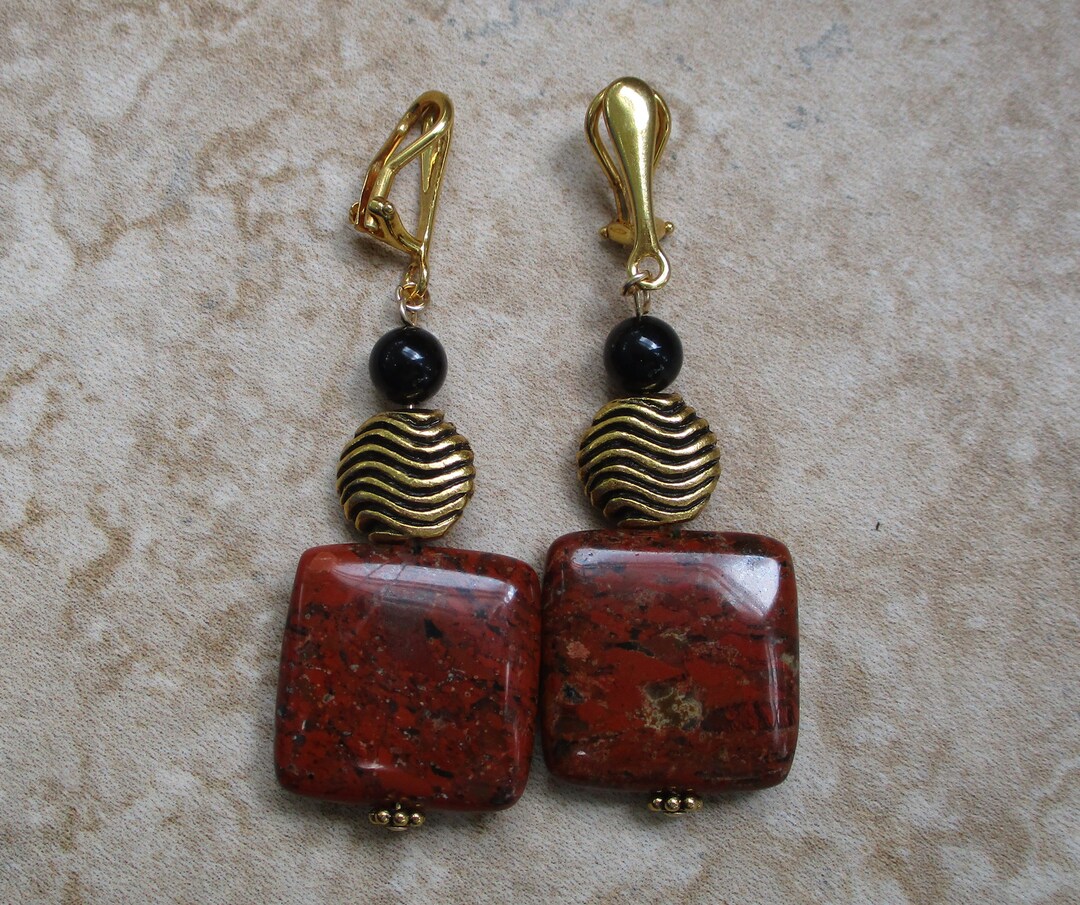 Red Clip-on Earrings | Red Stone Clip-on Earrings | Red Brecciated ...