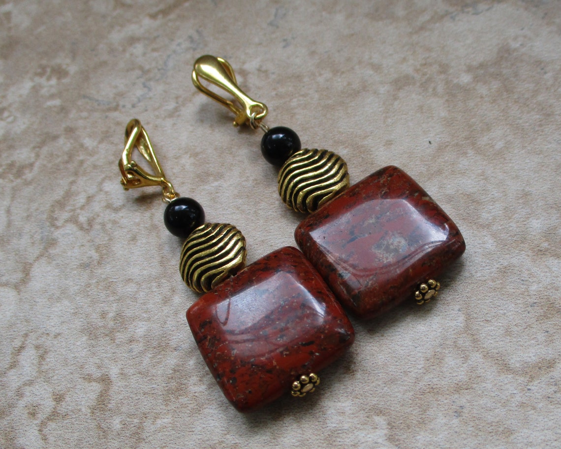 Red Clip-on Earrings Red Stone Clip-on Earrings Red Brecciated Jasper ...