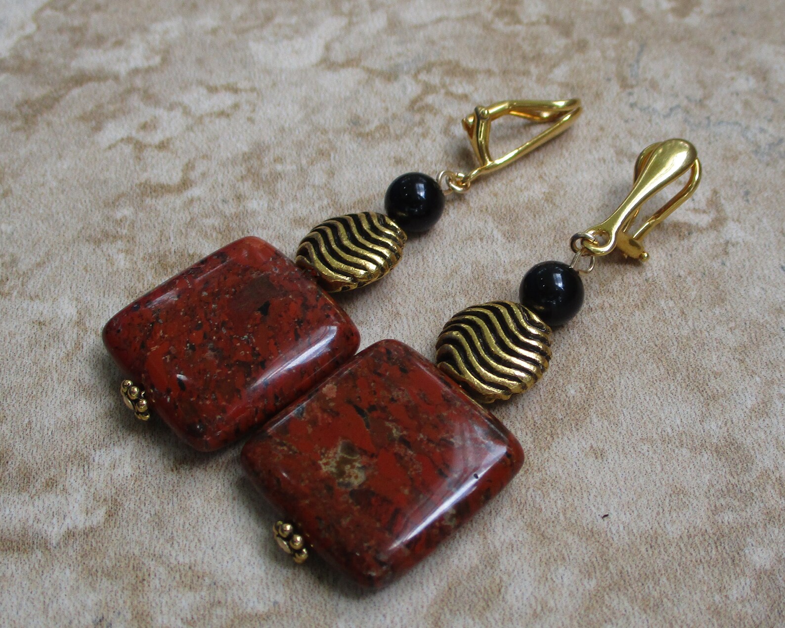 Red Clip-on Earrings | Red Stone Clip-on Earrings | Red Brecciated ...