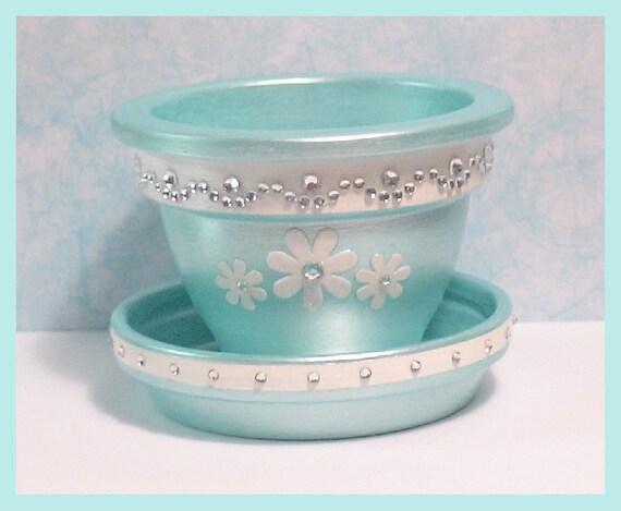 Items similar to Mint 4.5 in Flower Pot - Aqua and Crystal Hand-painted ...