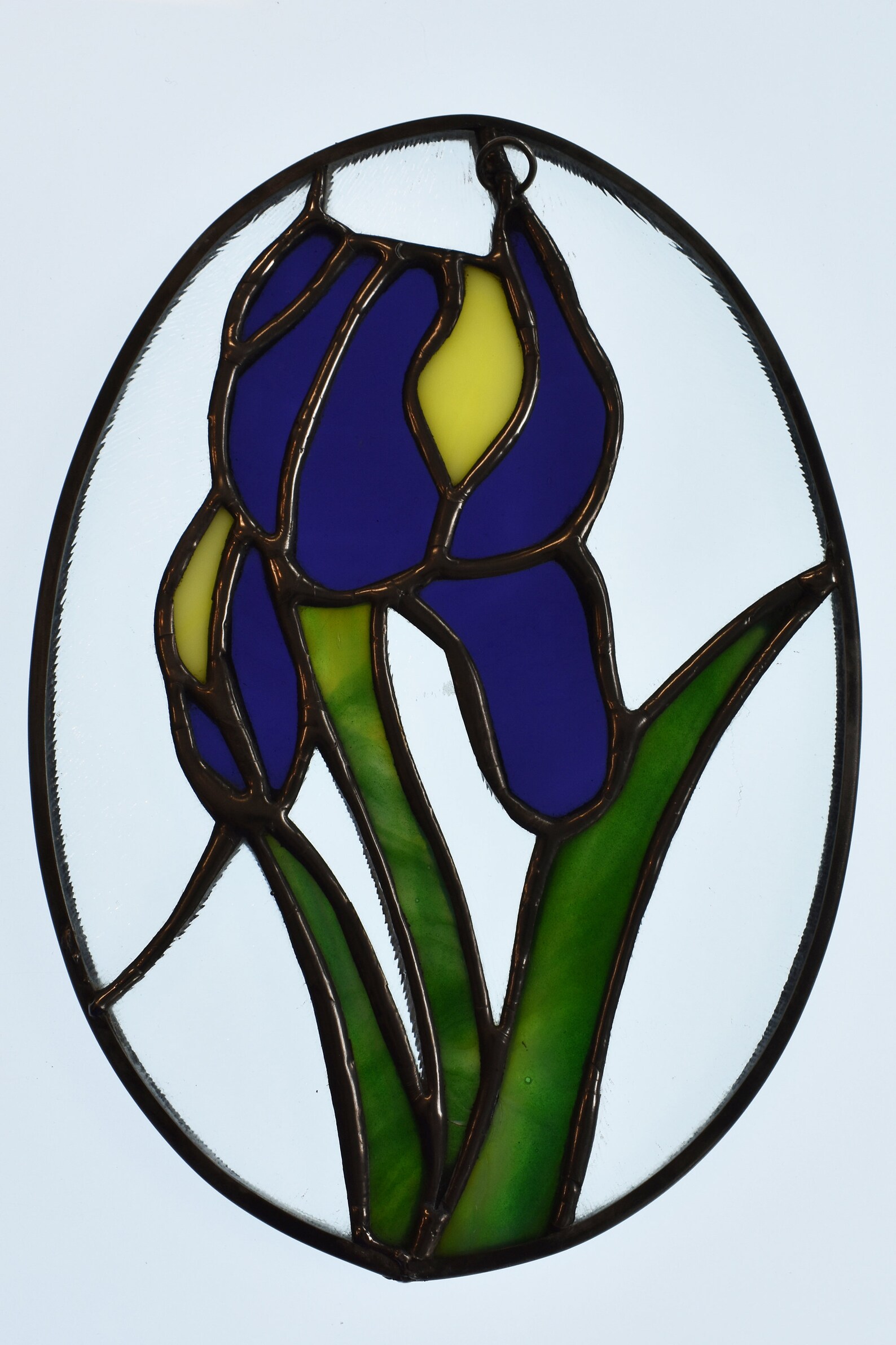 Blue Iris Flower Oval Stained Glass Suncatcher Hanging Window - Etsy