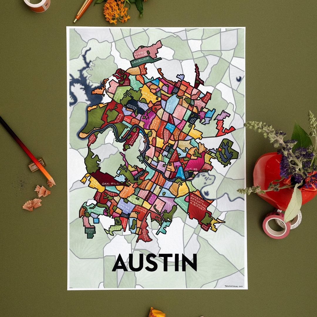 Austin Neighborhoods Map Art Print - Etsy